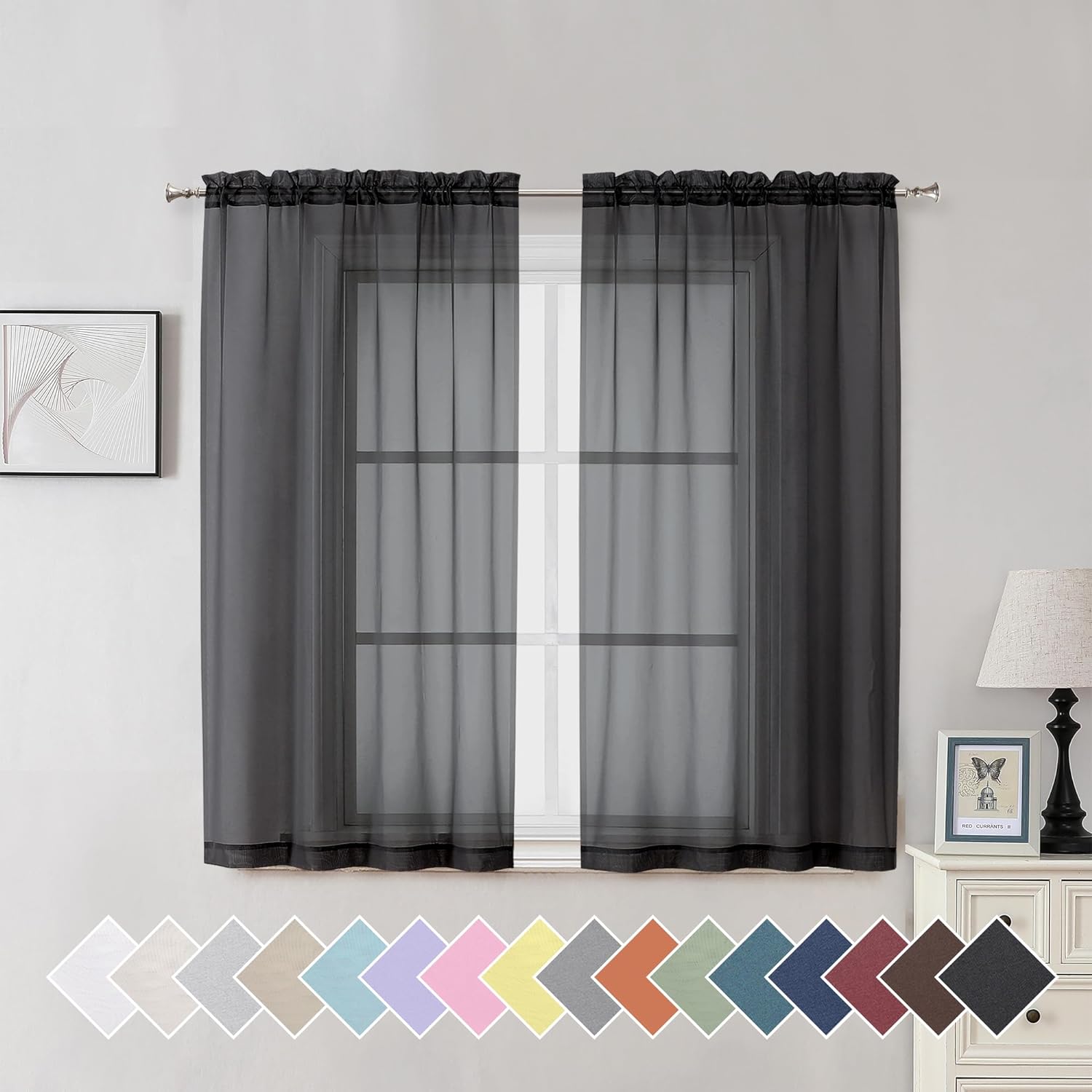 Black Sheer Curtains for Windows 54 inch Long 2 Panel Set, Rod Pocket ...