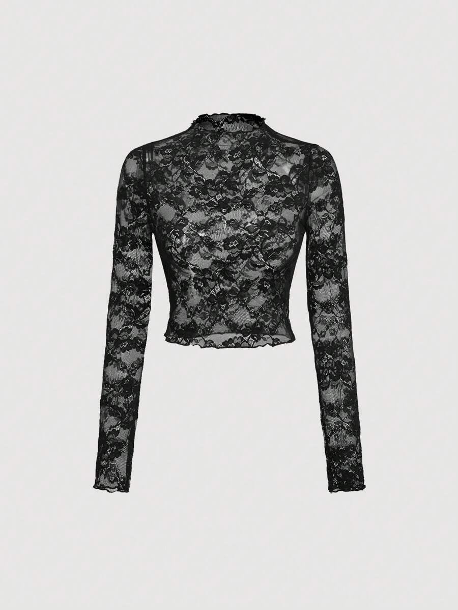 Black Sheer Lace Long Sleeve Crop Top With Mock Neck, Elegant Chic ...