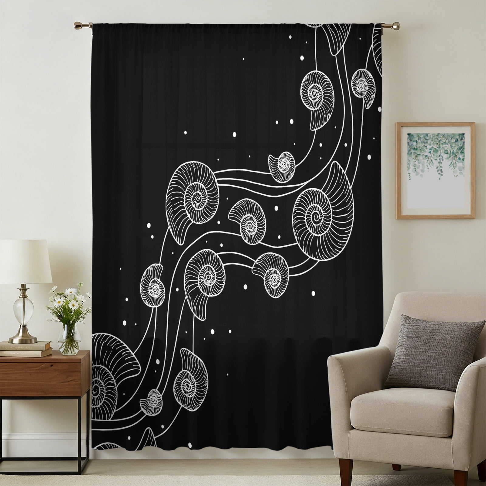 Black Shell Coastal Sheer Curtains 63 Inch Length for Bedroom, Summer ...