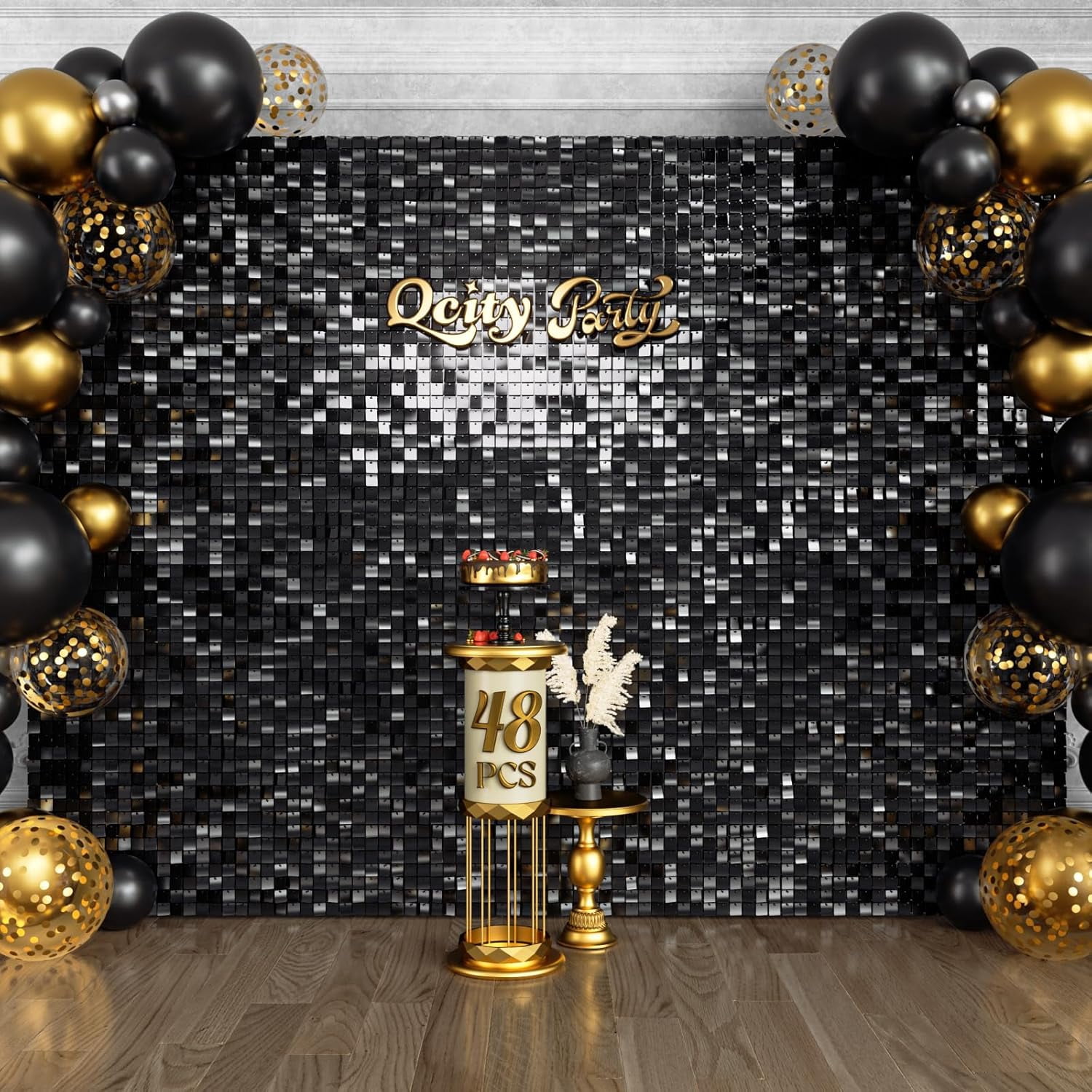 Black Shimmer Wall Backdrop 48PCS, Black Back Not See-Through Design ...