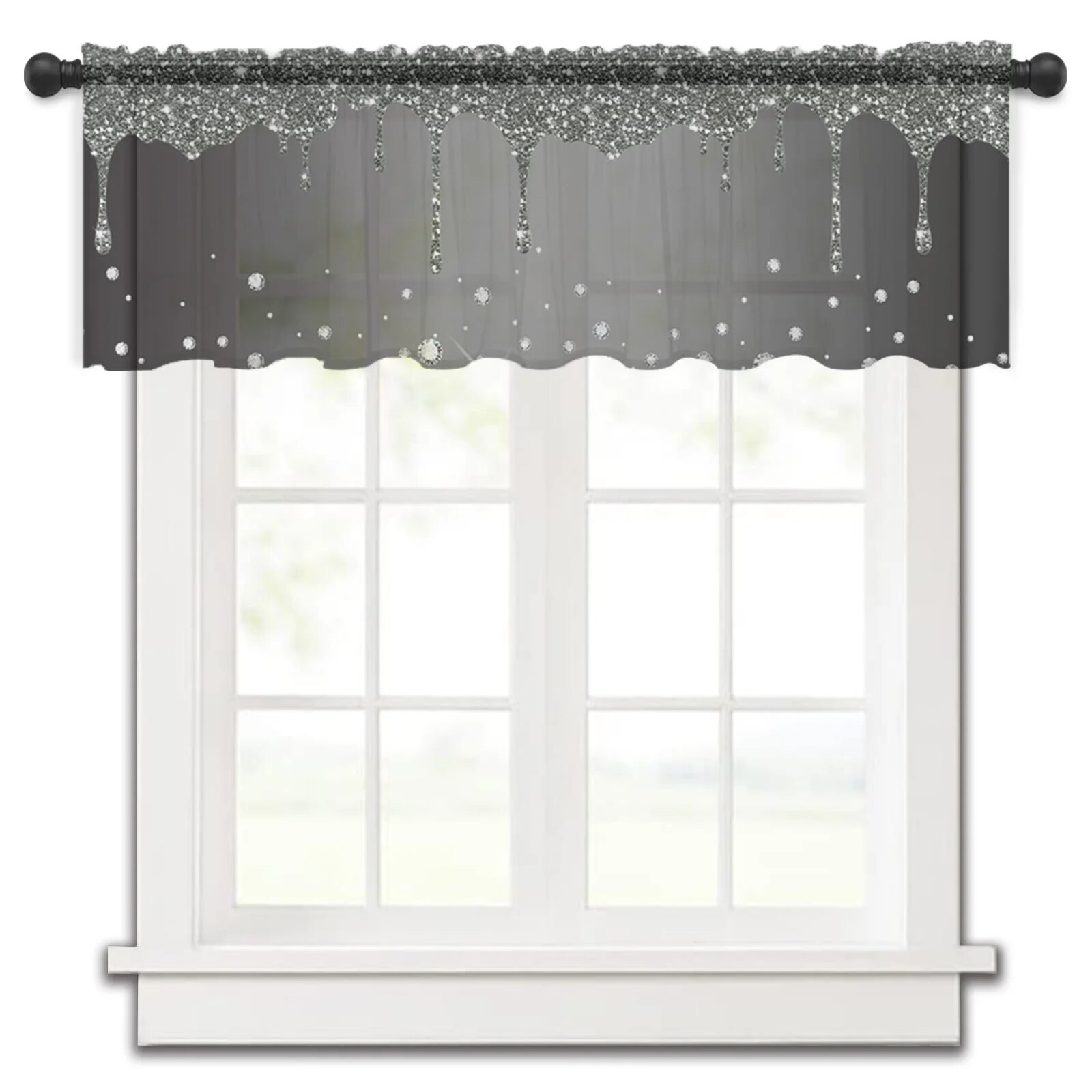 Black Shiny Droplet Texture Small Window Curtain Valance Sheer Short ...