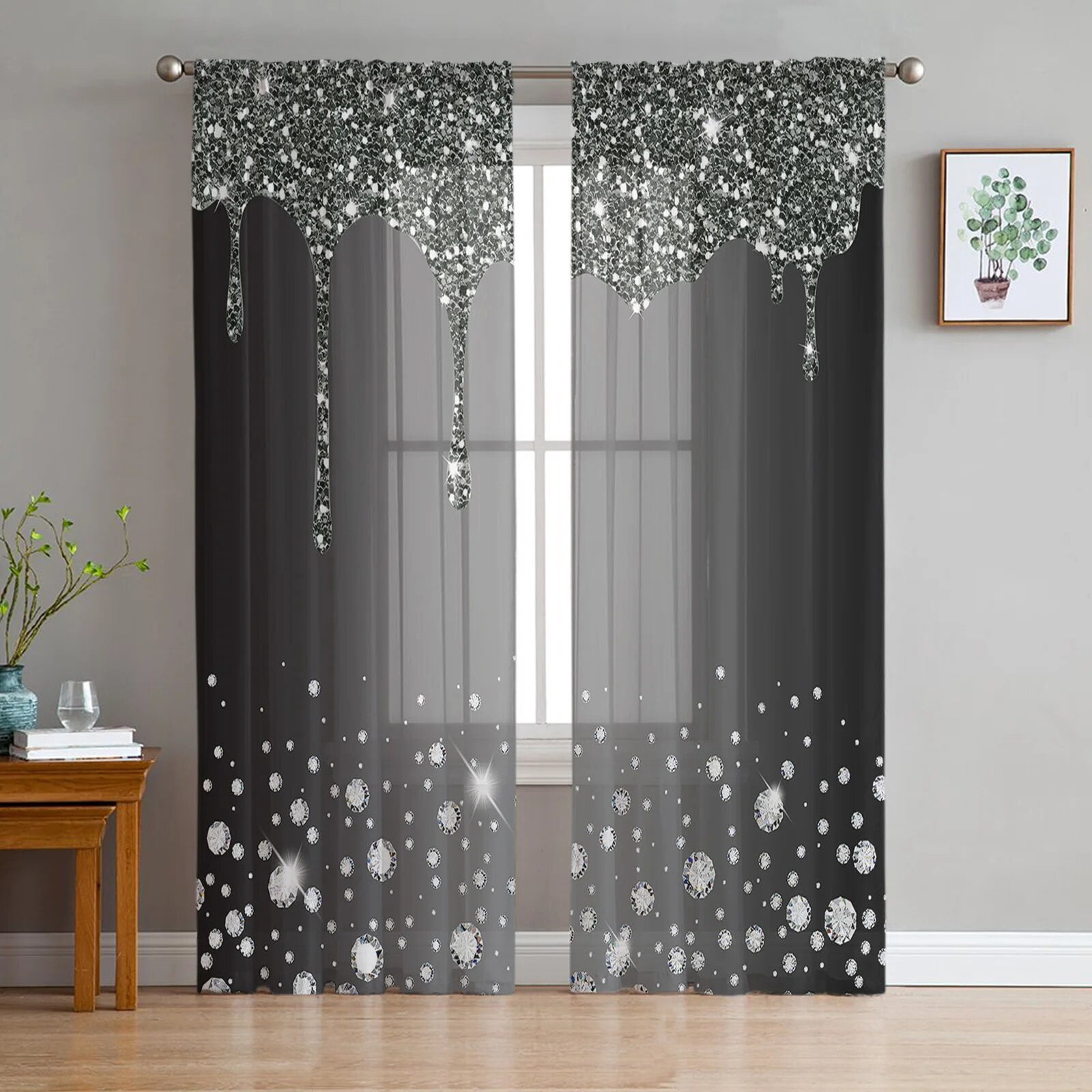 Black Shiny Droplet Texture Tulle Curtains for Living Room Bedroom ...