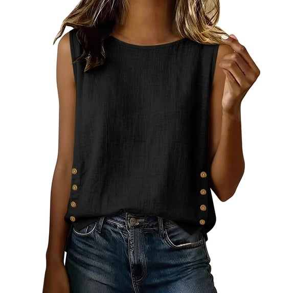 Black Shirts for Women's Cotton Linen Sleeveless Tank Top Button Decor ...