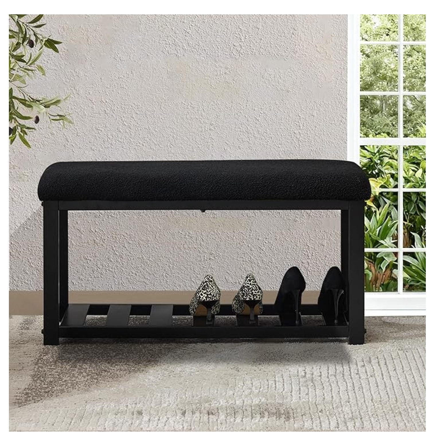 Black Shoe Bench with Storage, Boucle Cushion Seat - 2 Tier Entryway ...