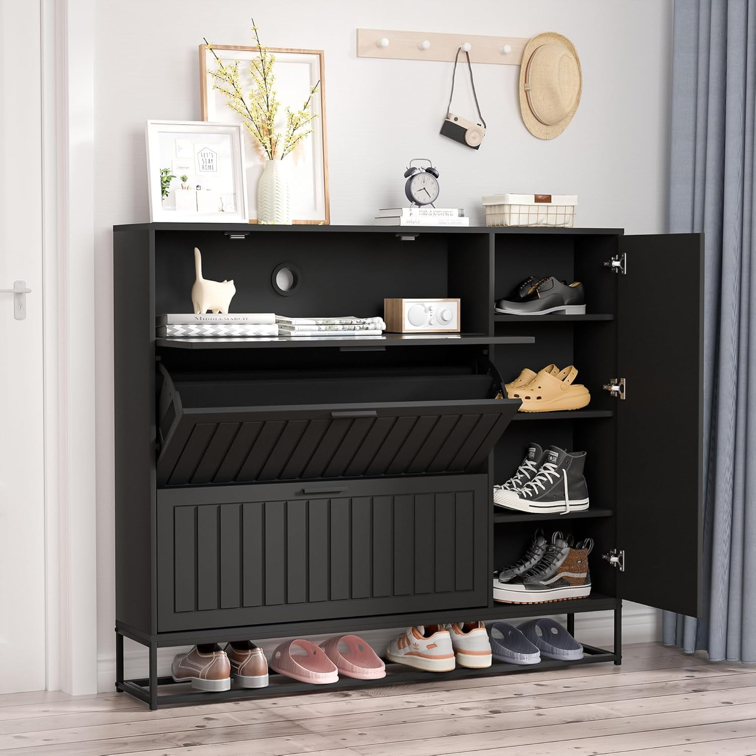 Black Shoe Cabinet with 4 Doors, Freestanding Tipping Bucket Shoe Rack ...