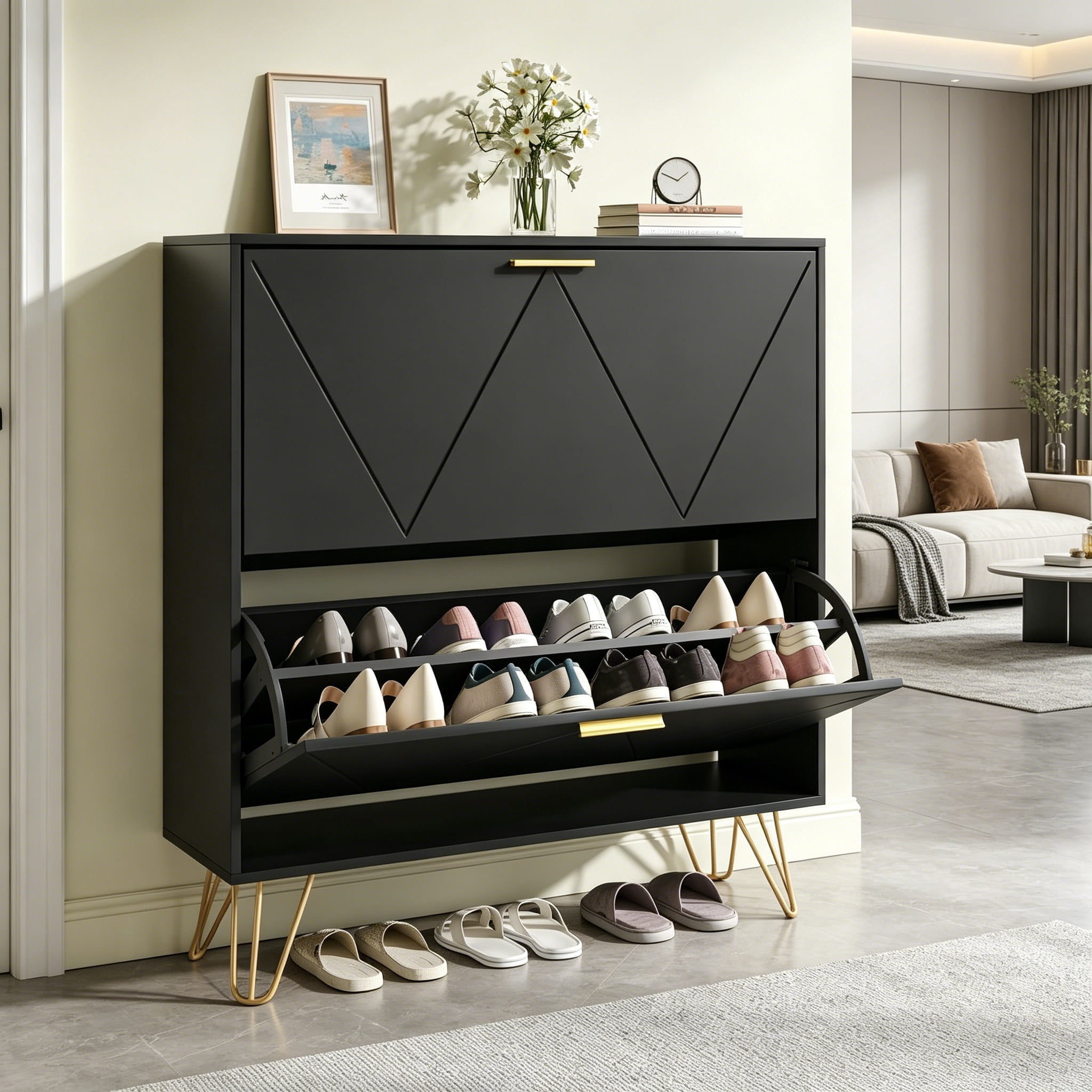 Black Shoe Cabinet for Entryway, Narrow Shoe Storage Cabinet with 2 ...