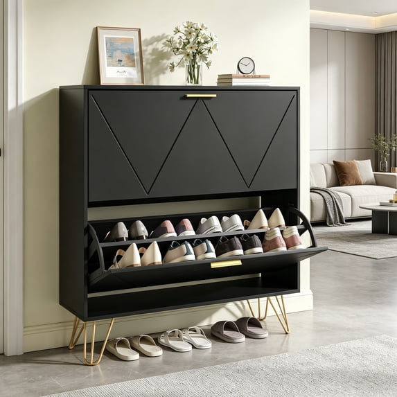 Black Shoe Cabinet for Entryway, Narrow Shoe Storage Cabinet with 2 ...