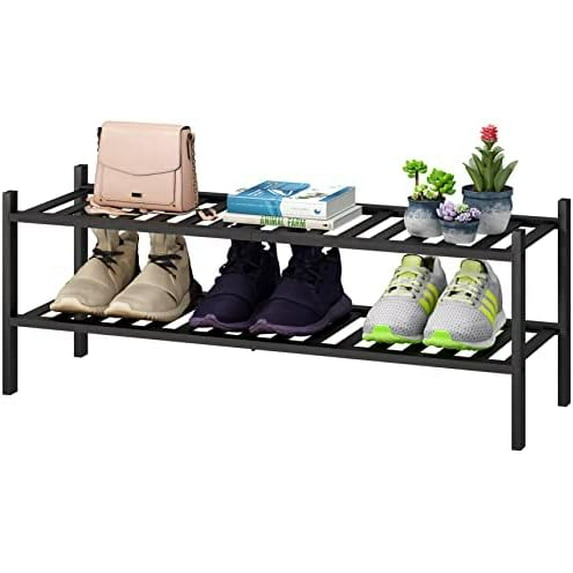 Black Shoe Rack, 2-Tier Long Shoe Rack for Entryway, Bamboo Wood Shoe ...