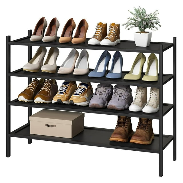 Black Shoe Rack, 4-Tier Bamboo Wood Shoe Rack, Stackable Bamboo Wood ...