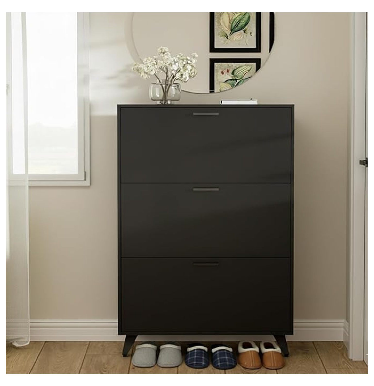Black Shoe Storage Cabinet - Fit up to Size 16, 3 Drawers, Wooden ...