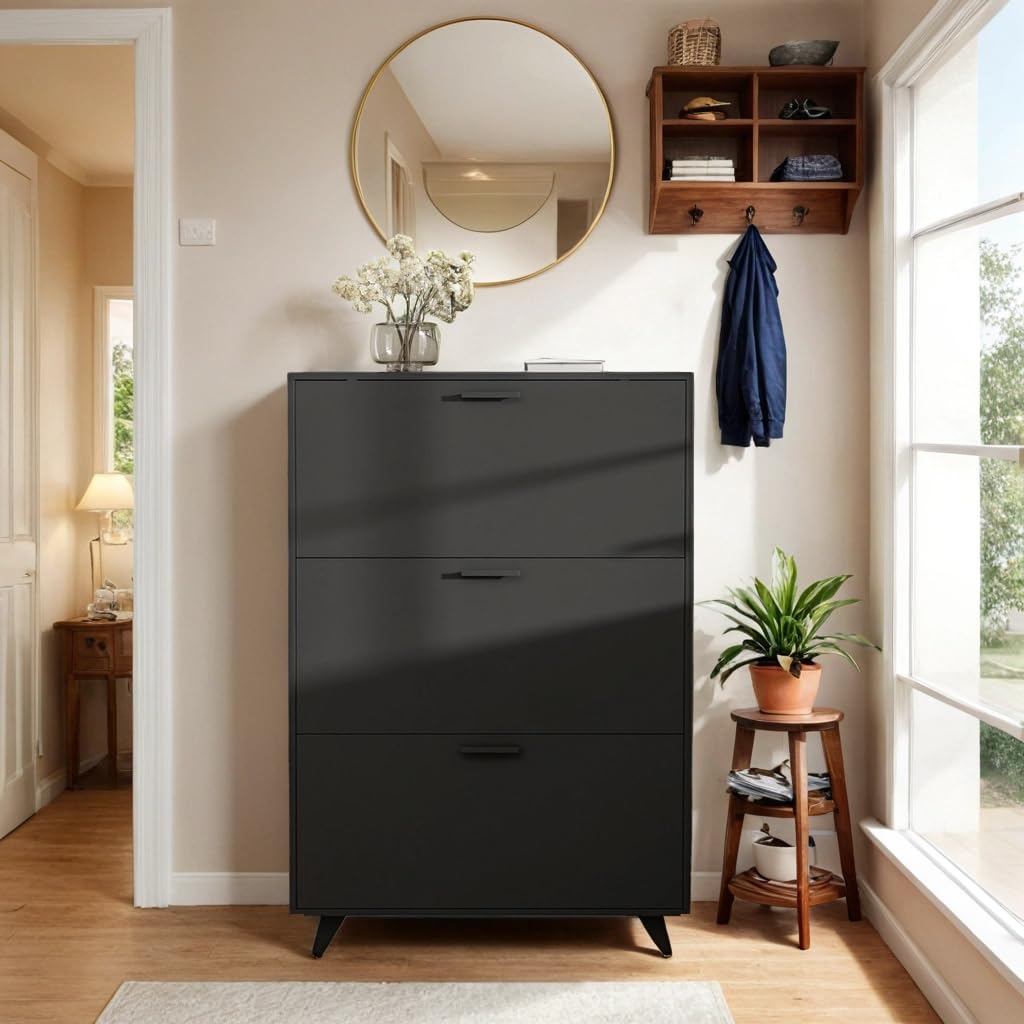 Black Shoe Storage Cabinet - Fit up to Size 16, 3 Flip Drawers, Wooden ...
