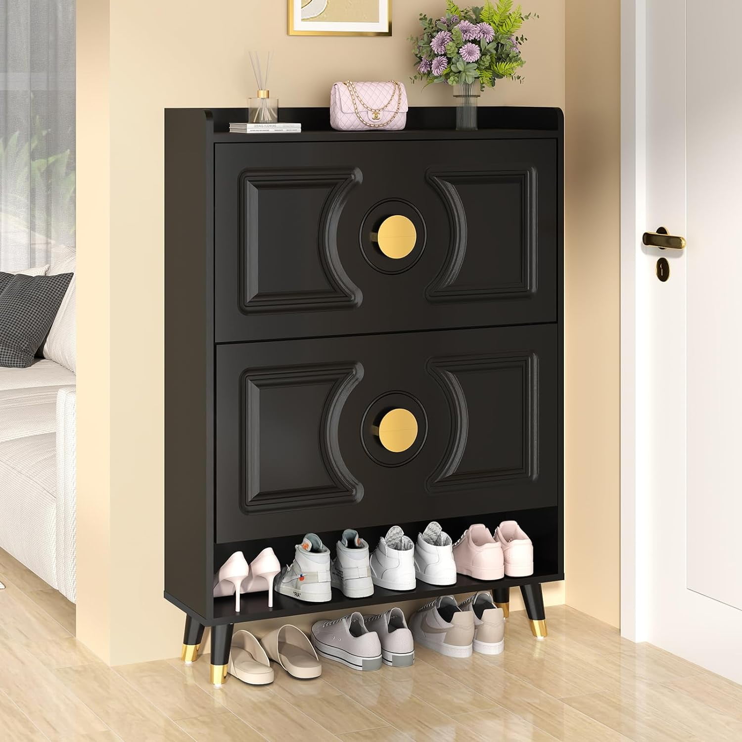 Black Shoe Storage Cabinet Slim, Wooden Shoe Cabinet with Drawers ...