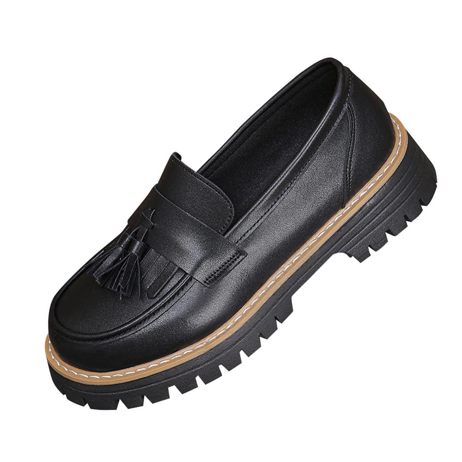 Black Shoes Women Casual Fashion Vintage Round Toe Chunky Heel Platform ...