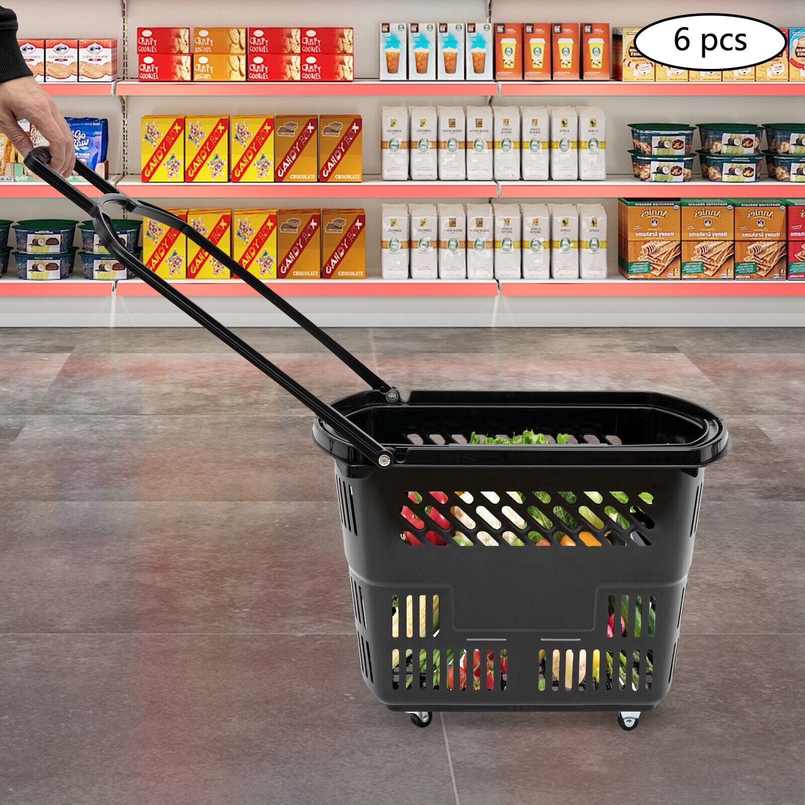 Black Shopping Basket Plastic Rolling Shopping Basket, Portable ...
