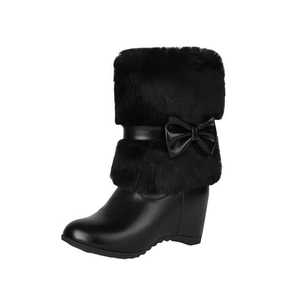 Black Short Boots For Women Low Heel Bow Detail Fur-Lined Shaft Winter ...