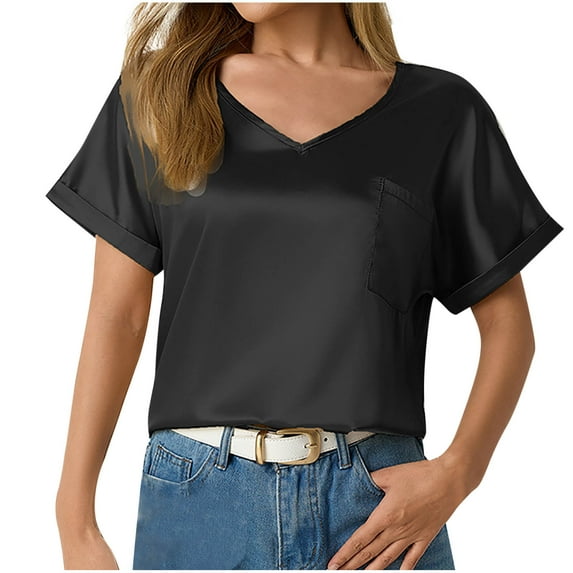 Black Short Sleeve Shirts for Ladies Fall Summer V Neck Faux Silk ...
