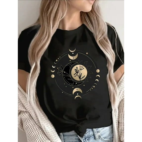 Black Short Sleeve T-Shirt with Moon Phases Design Casual Wear, Perfect ...