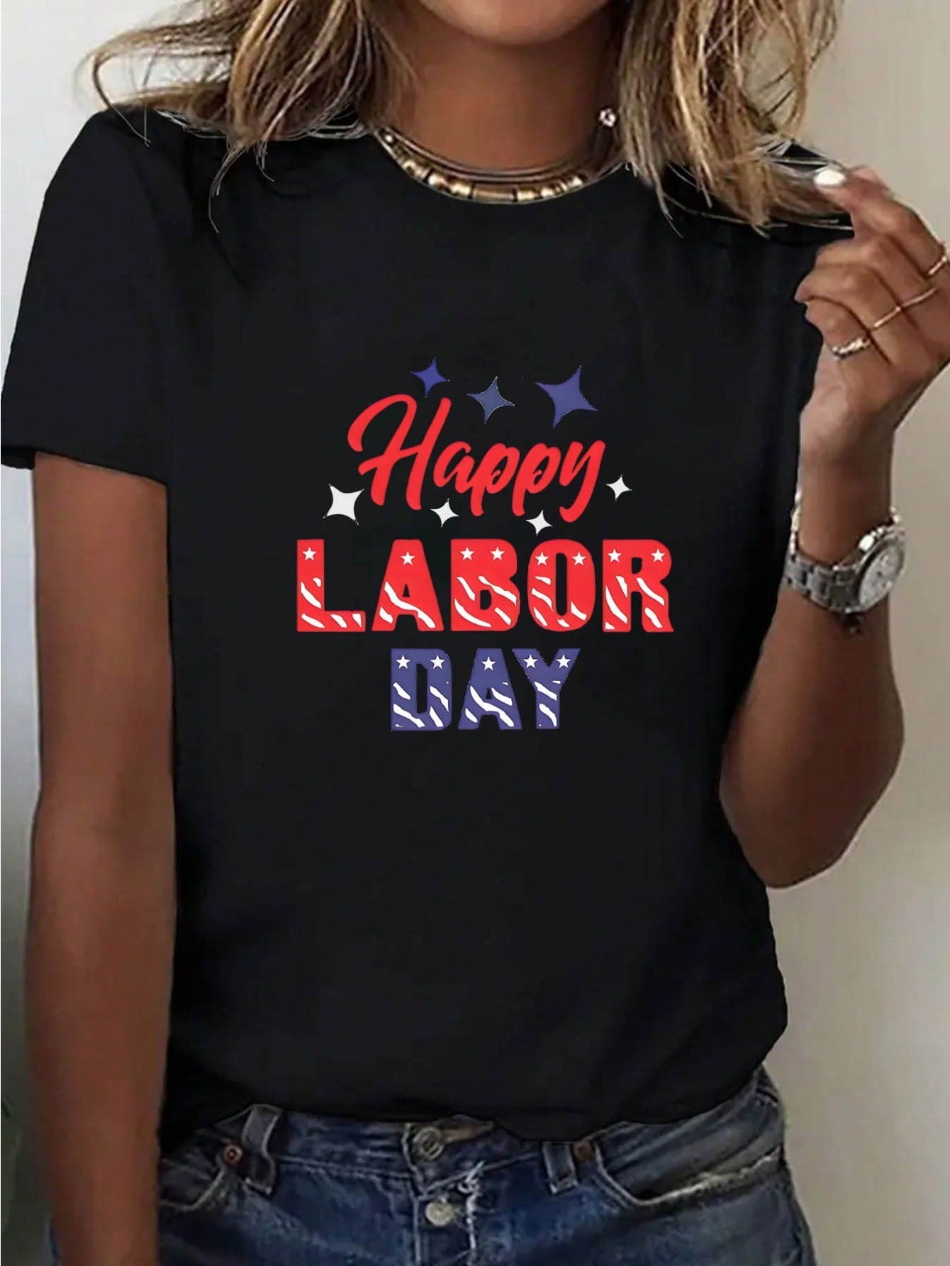 Black Short-Sleeve T-Shirt With Cotton Fabric, Happy Labor Day Print ...