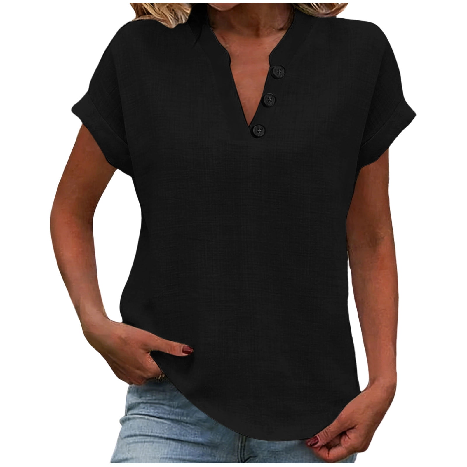 Black Short Sleeve T Shirt for Women Summer Fall V Neck Faux Gauze ...