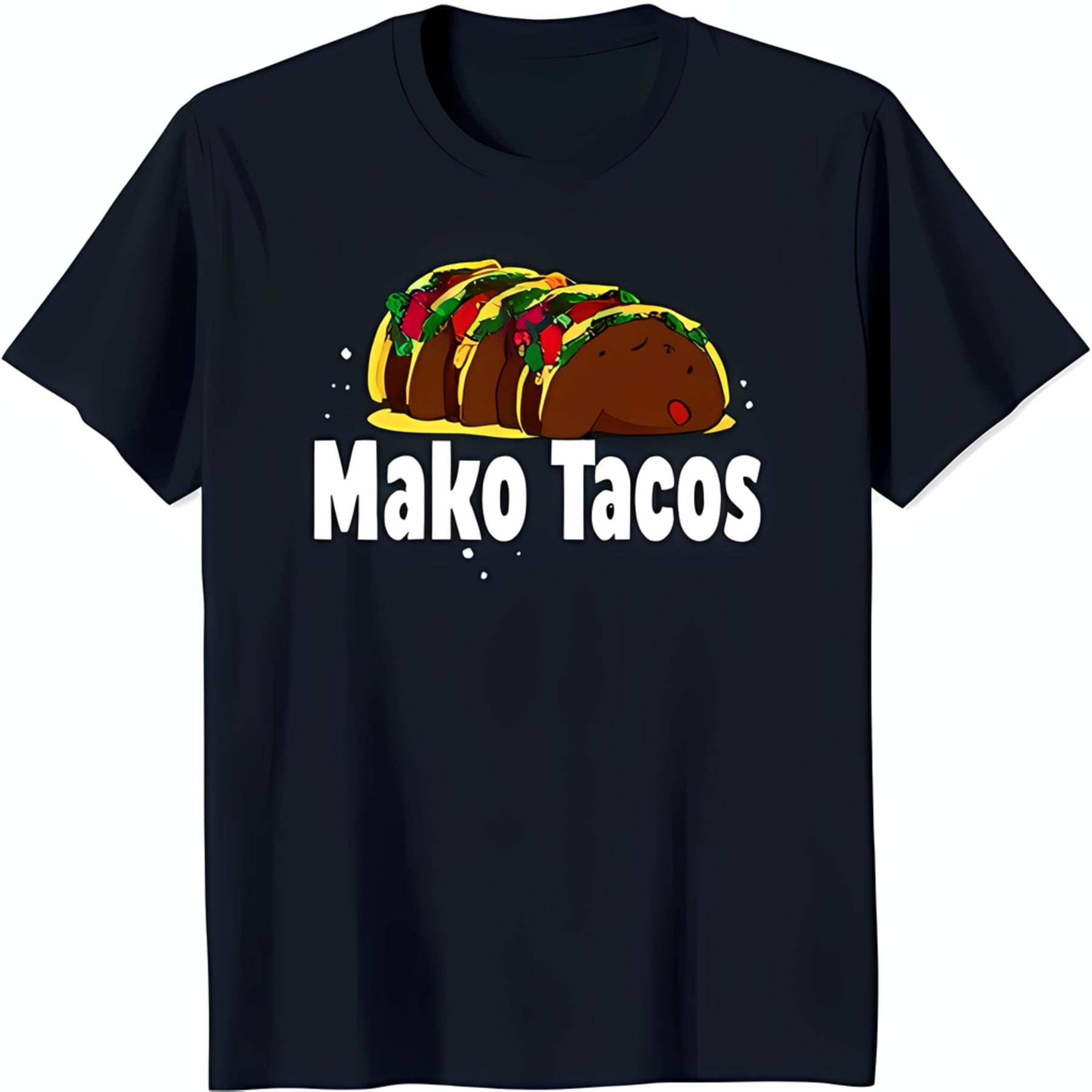 Black Short Sleeve T-Shirt with White Pile Design 'Mako Tacos ...