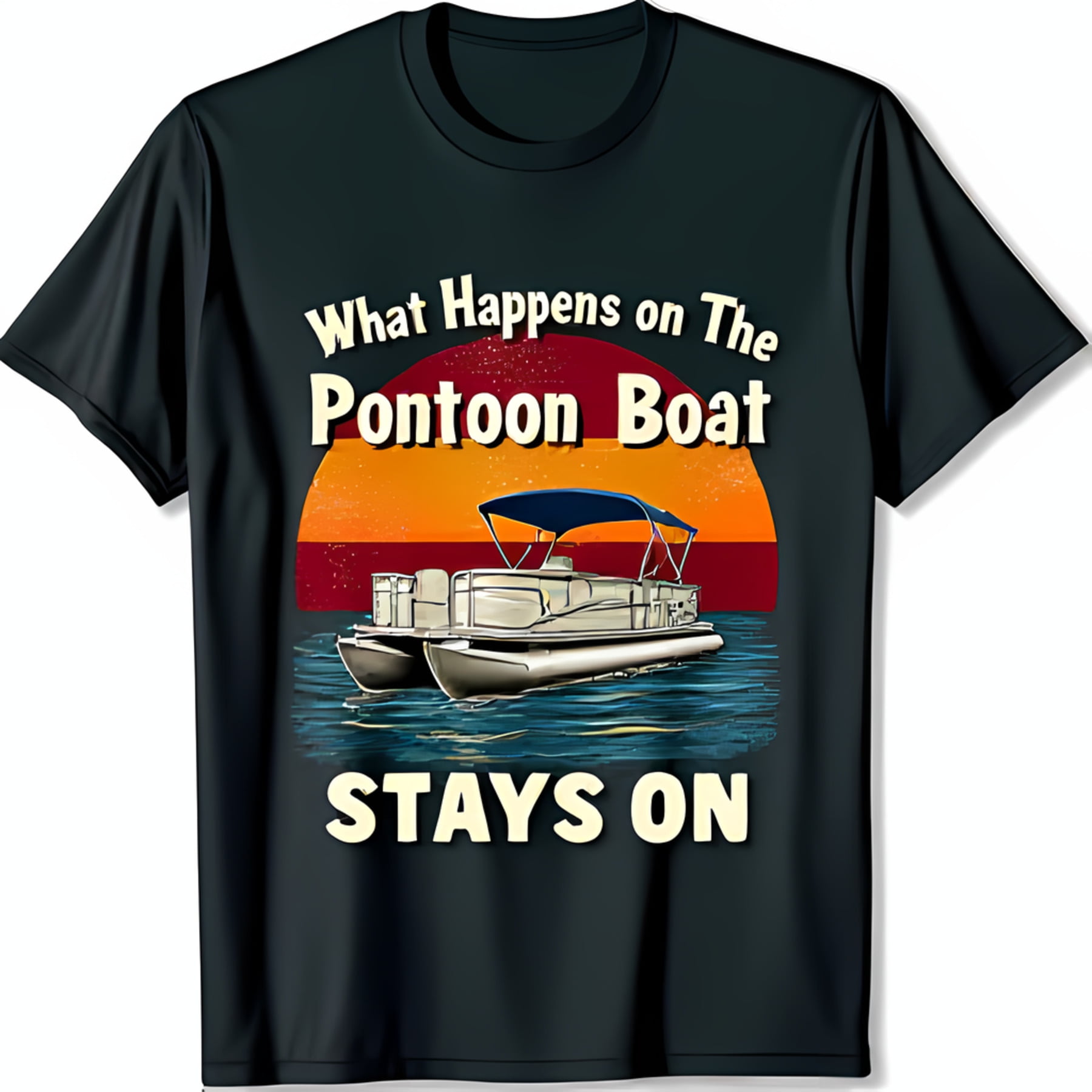 Black Short Sleeve T-Shirt with White Pontoon Boat Sunset Graphic Fun ...