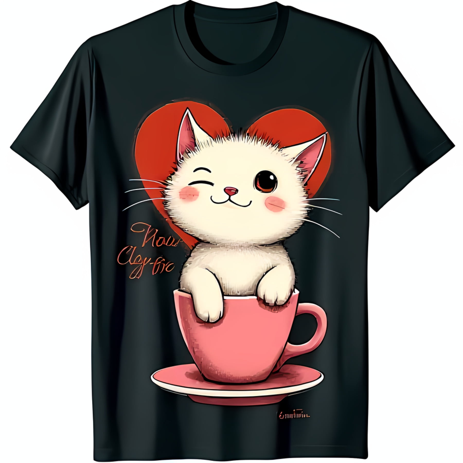 Black Short Sleeve Tee with Cute Cartoon Cat in Teacup Coffee Graphic ...