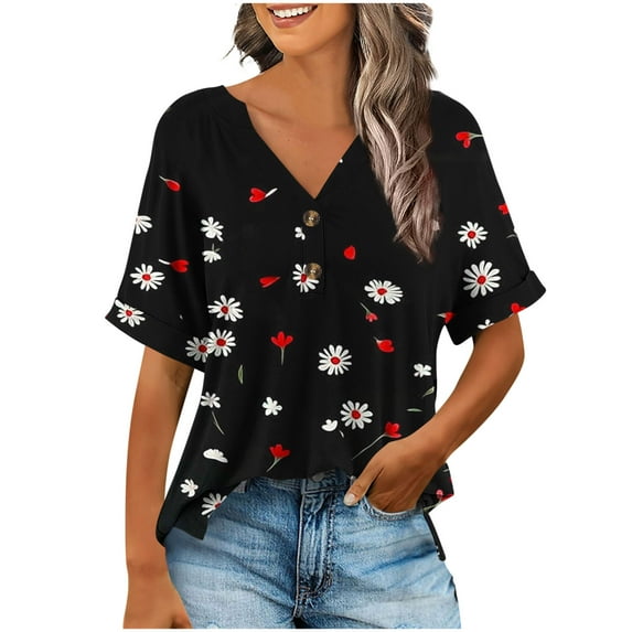 Black Short Sleeve Tshirts for Women Fall Summer V Neck Spandex Graphic ...