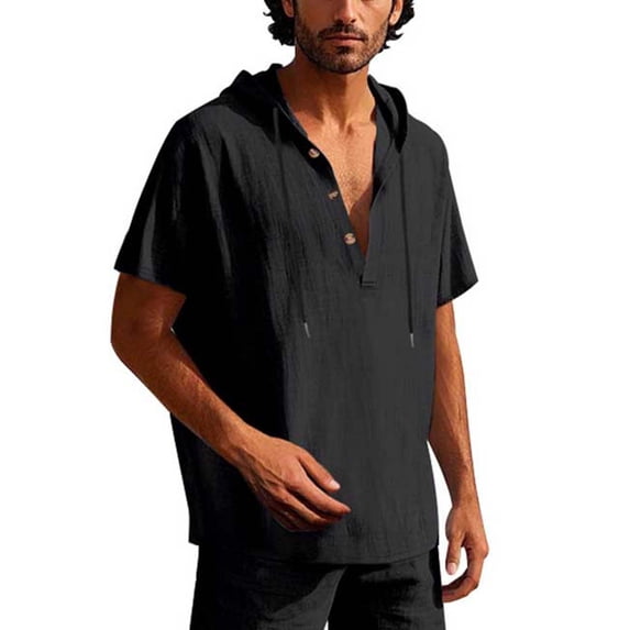 Black Short Sleeve for Man Fall Summer Faux Linen Pleated with Hood ...