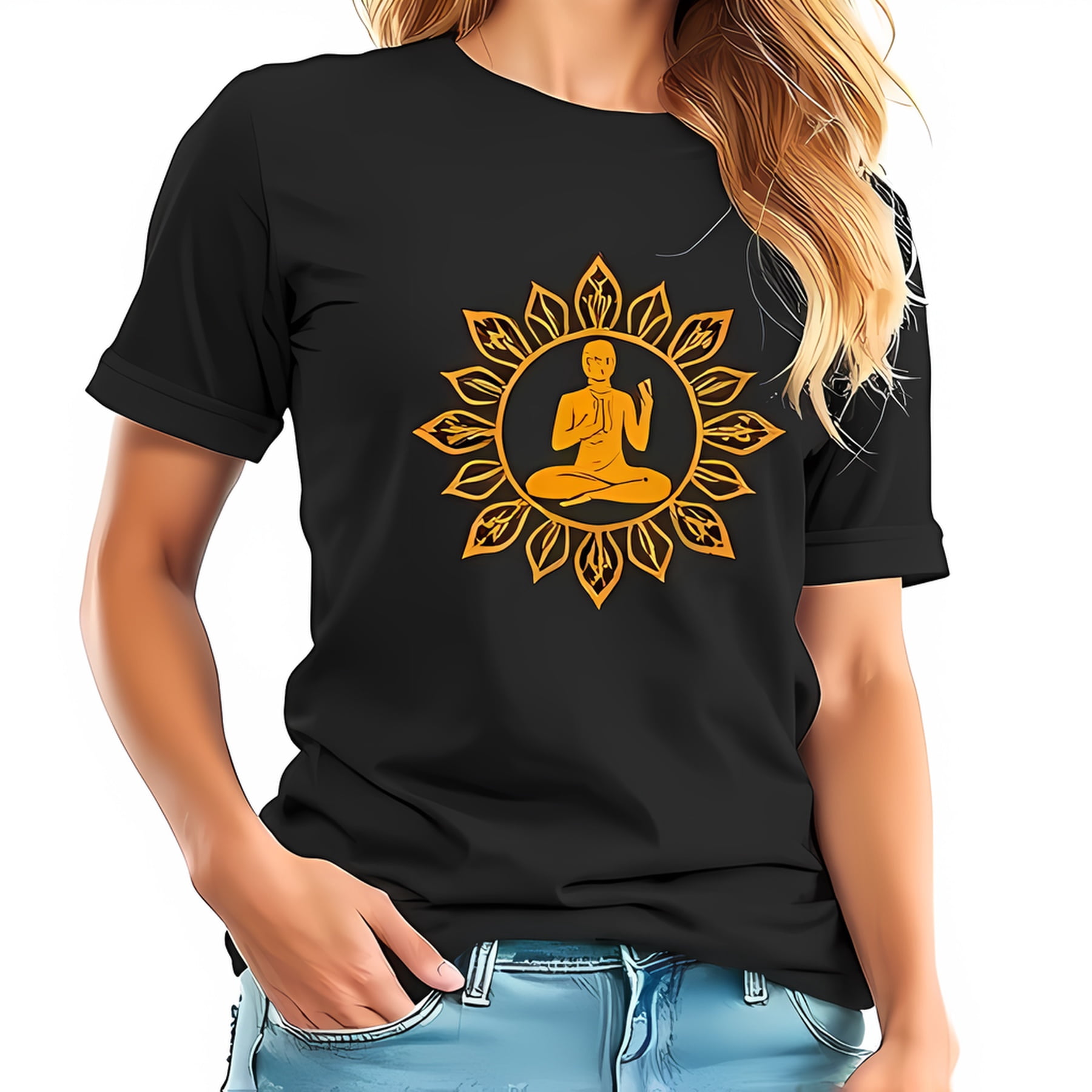 Black Short-Sleeved T-Shirt with Orange Meditative Yogi Graphic and ...