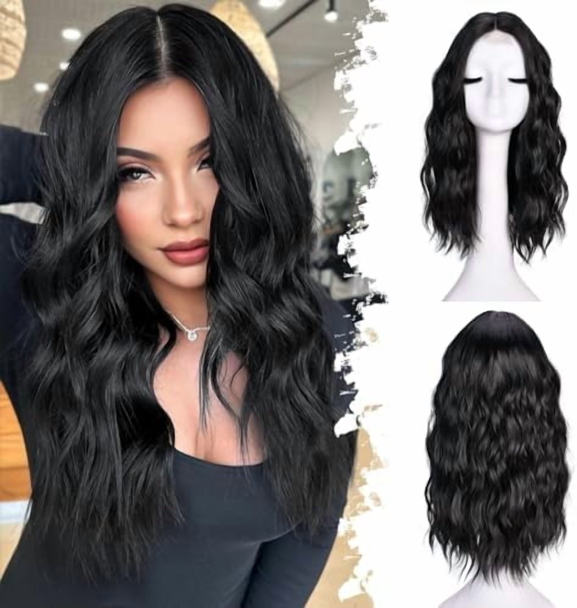 Black Short Wavy Wigs for Women 18Inch Bob Wave Wig Middle Part ...