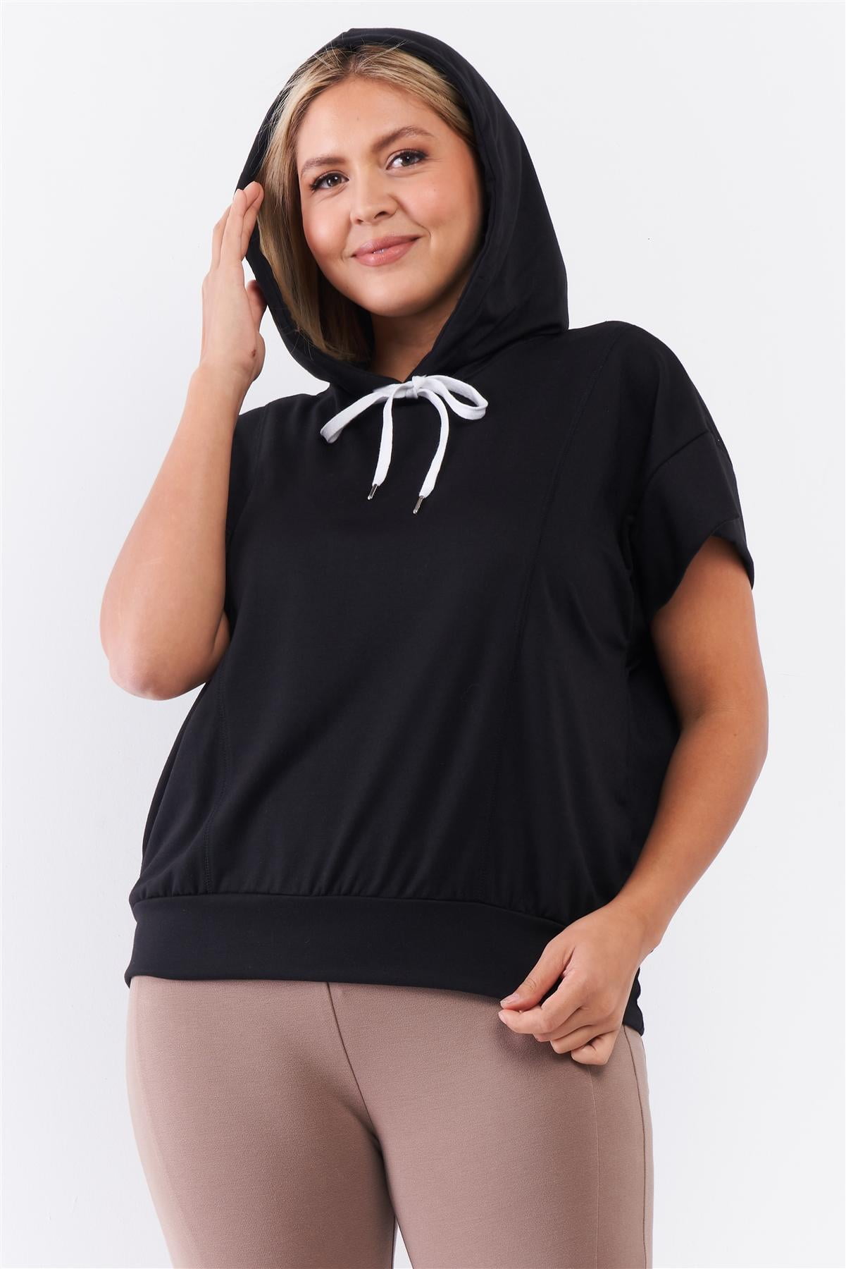 Black Short Wing Sleeve Relaxed Fit White Draw String Tie Hood Detail ...