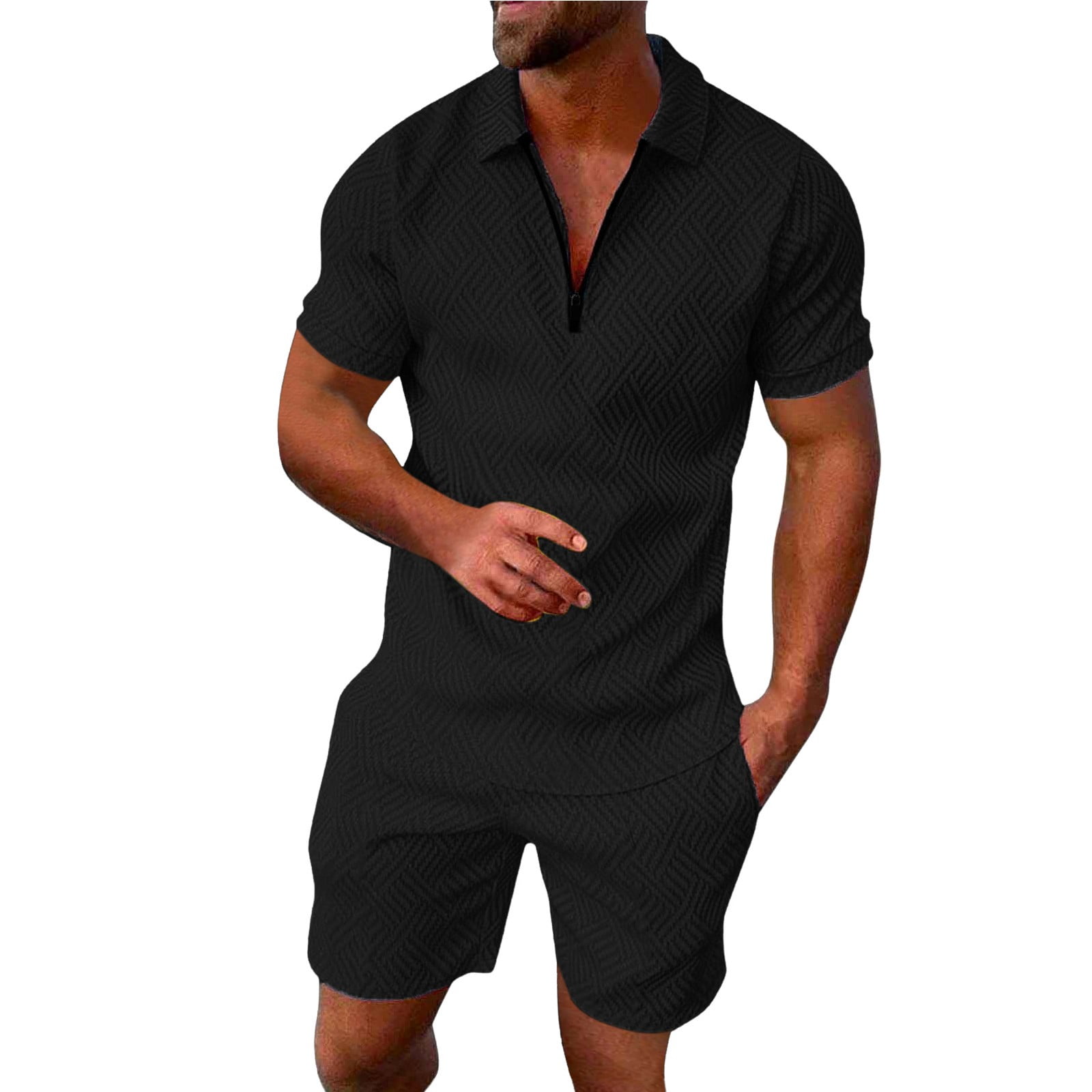 Black Shorts Set —— Male Casual Striped Two Piece Suit Zipper Short ...