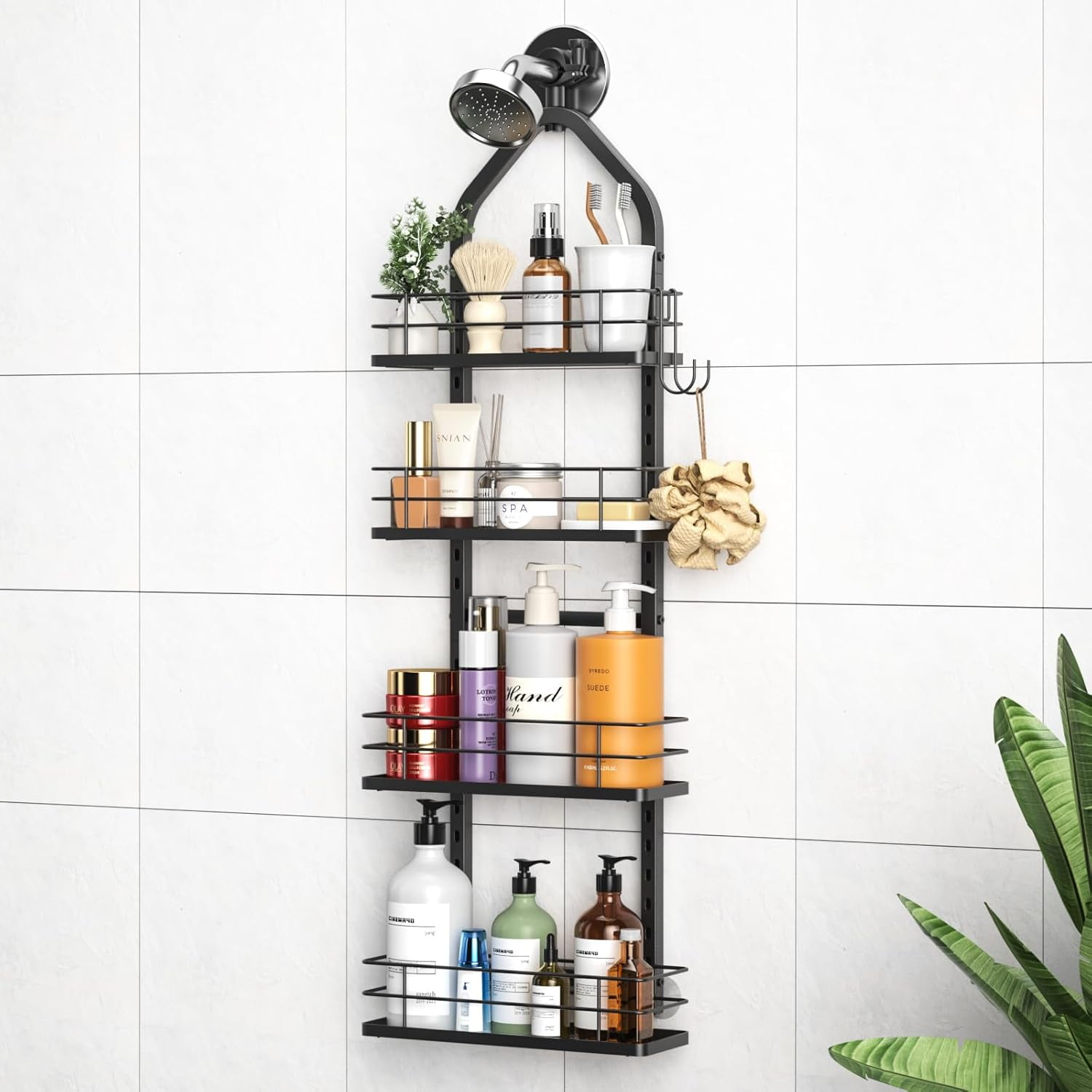 Black Shower Caddy Hanging Height Adjustable Anti-Swing-Over The Shower ...