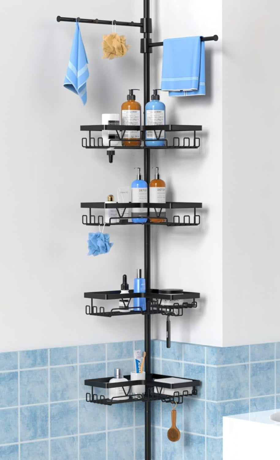 Black Shower Caddy Tension Pole with 2 Towel Bars, Adjustable Corner ...
