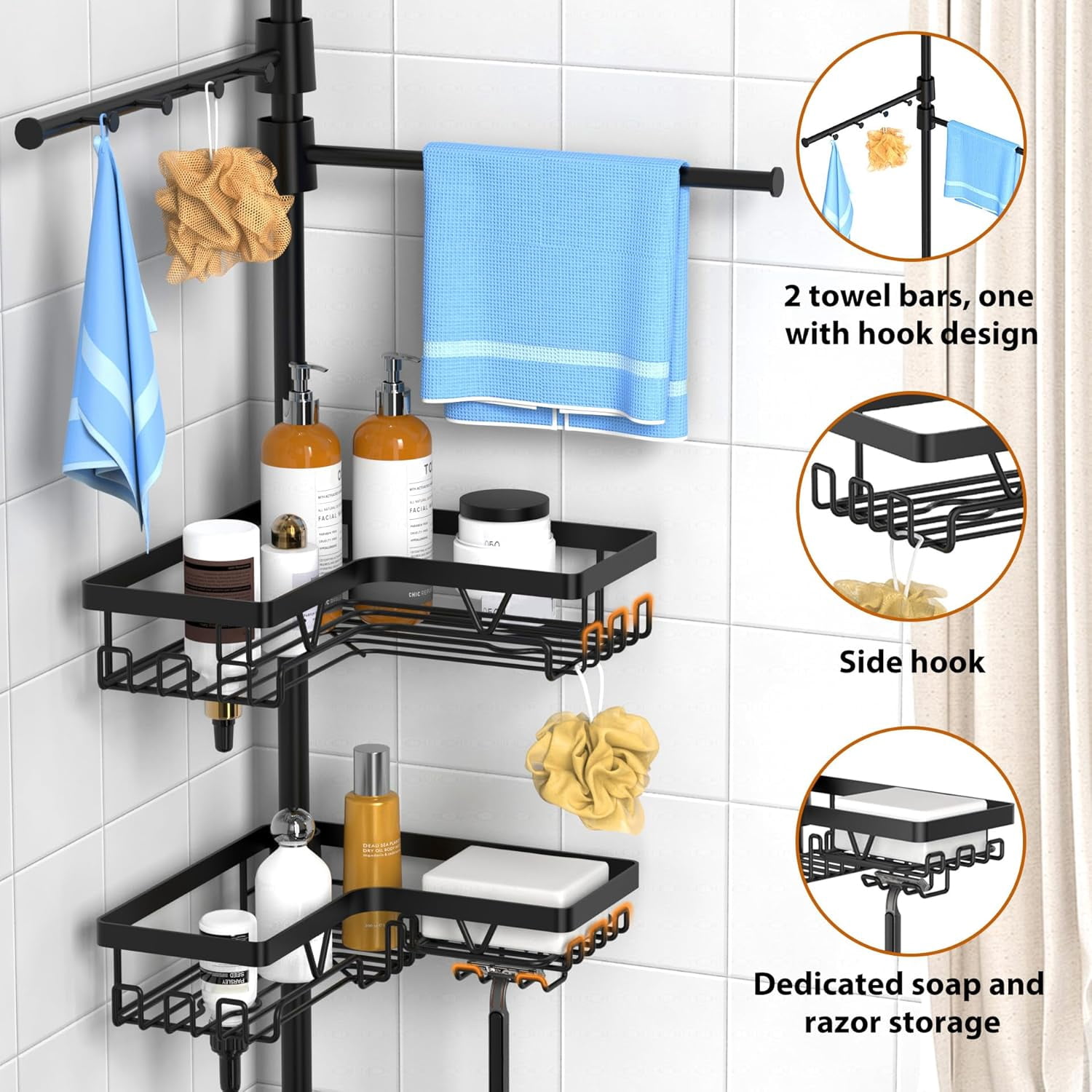 Black Shower Caddy Tension Pole with 2 Towel Bars, Adjustable Corner ...