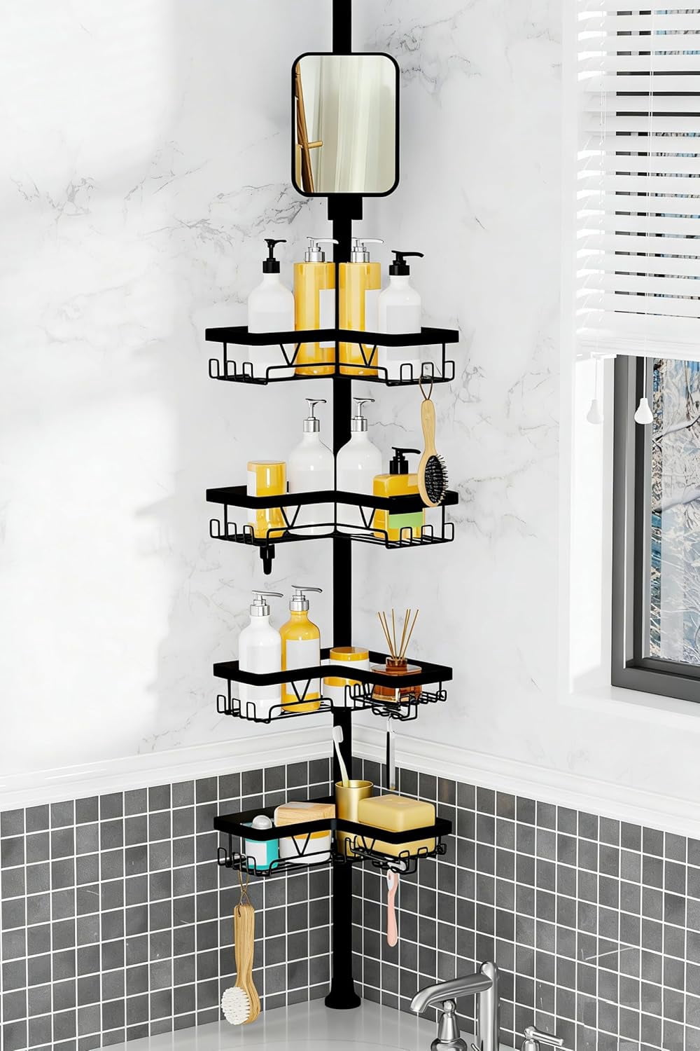 Black Shower Caddy with Adjustable Tension Pole and Anti-Fog Mirror ...