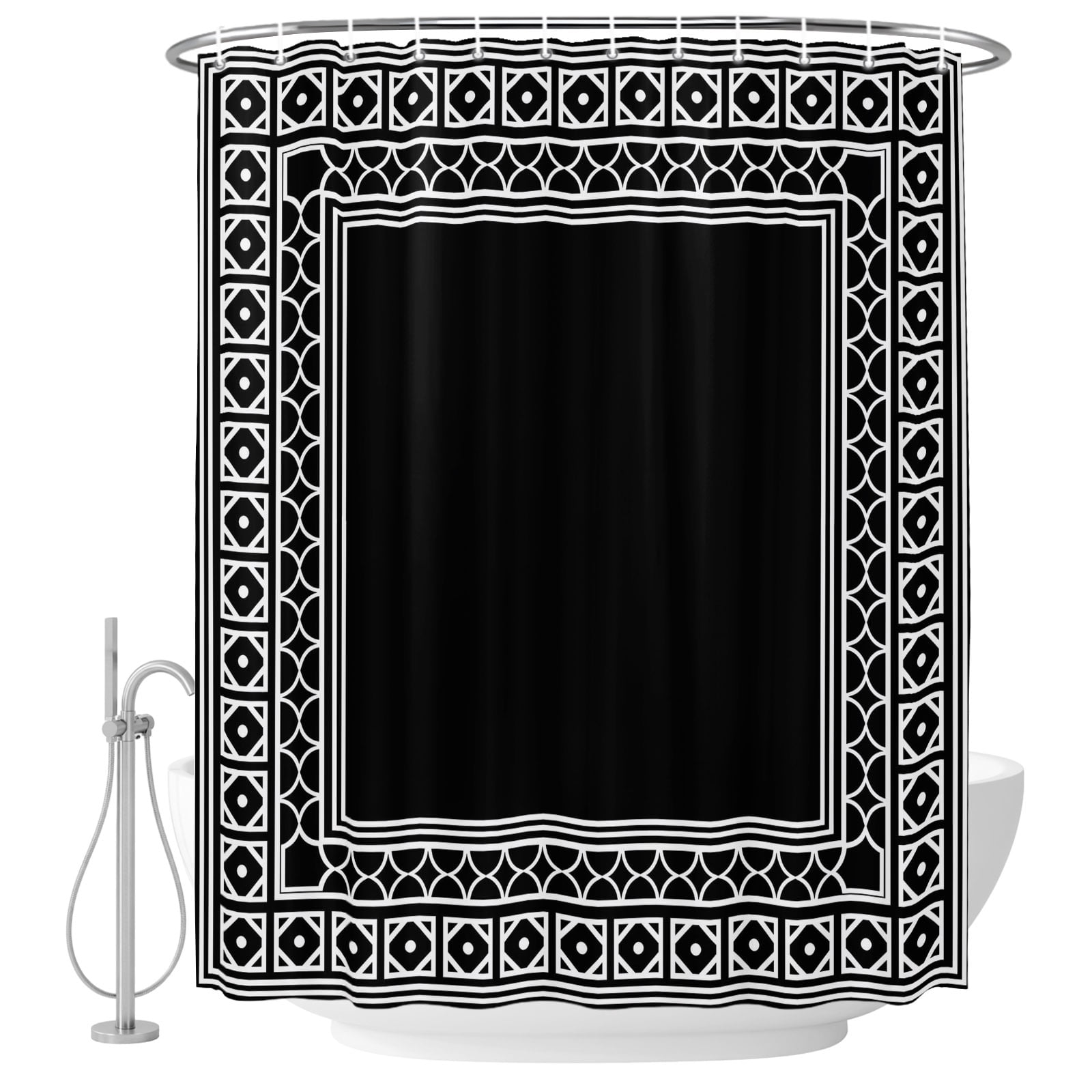 Black Shower Curtain for Bathroom, Boho Diamond Pattern Border Rustic ...