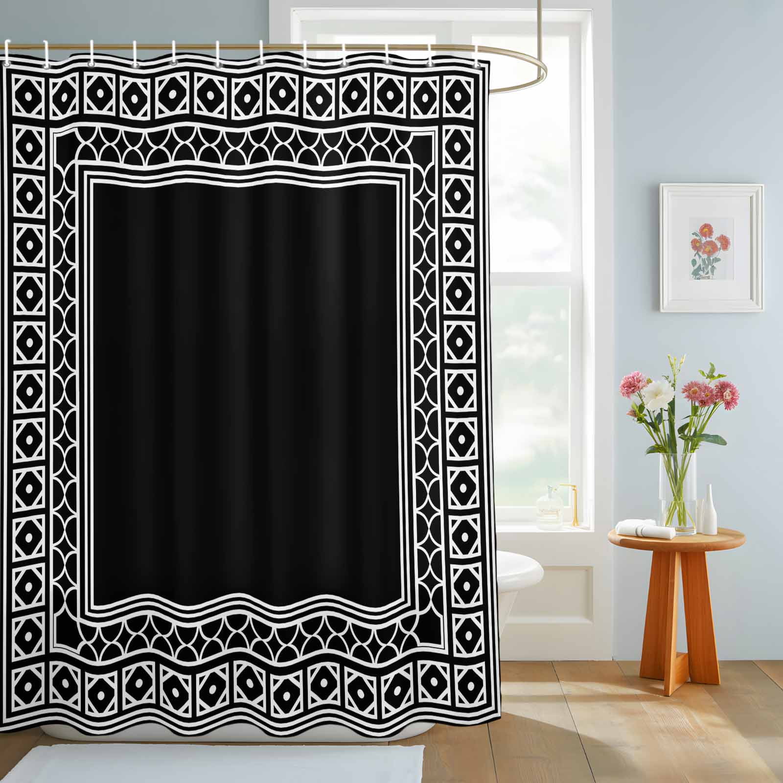 Black Shower Curtain, Boho Diamond Pattern Border Rustic Southwestern ...