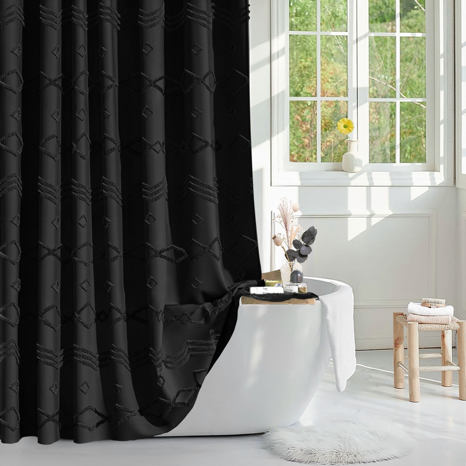 Black Shower Curtain Fabric Textured Tufted Chevron Striped Bathroom