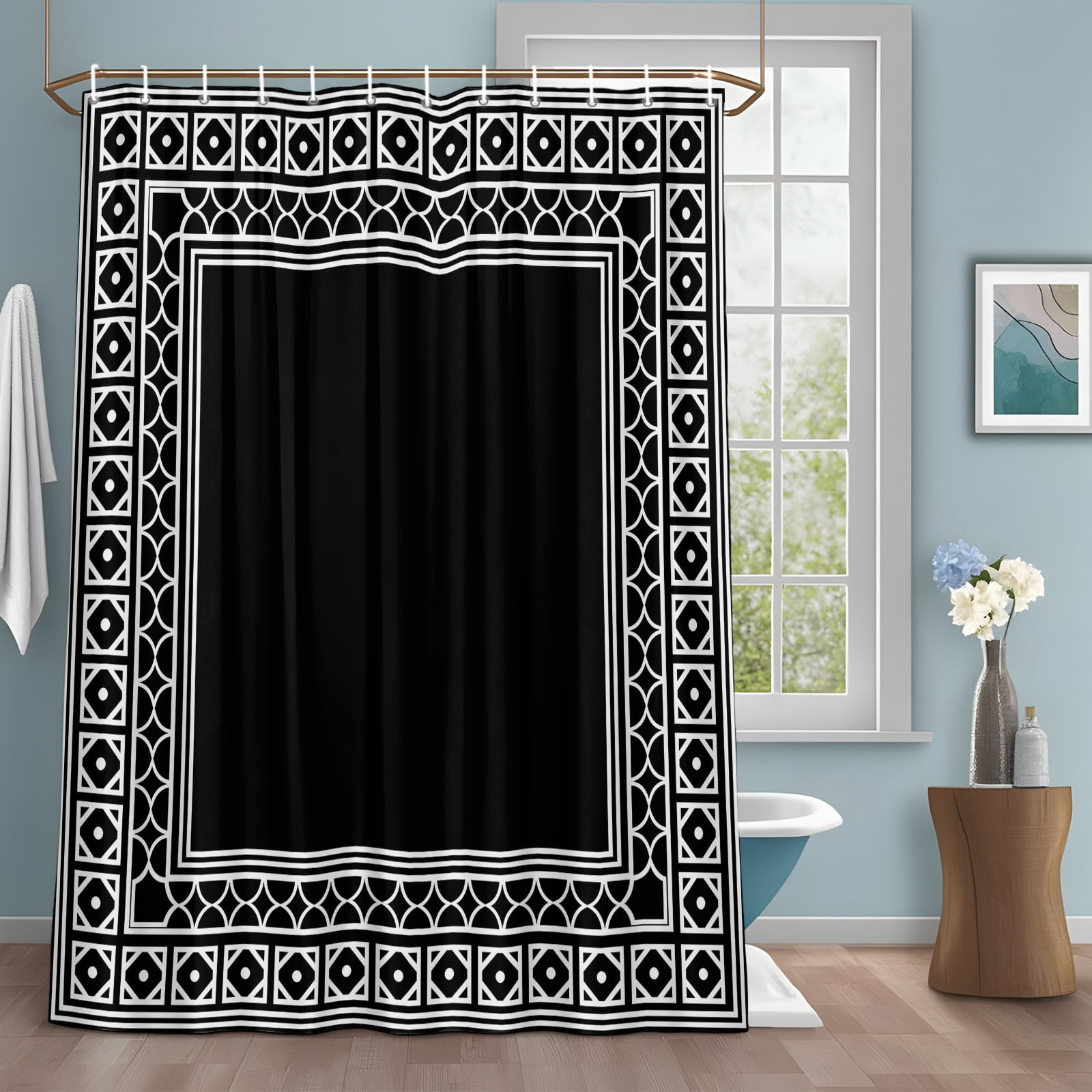 Black Shower Curtain Set with Hooks, Boho Diamond Pattern Border Rustic ...