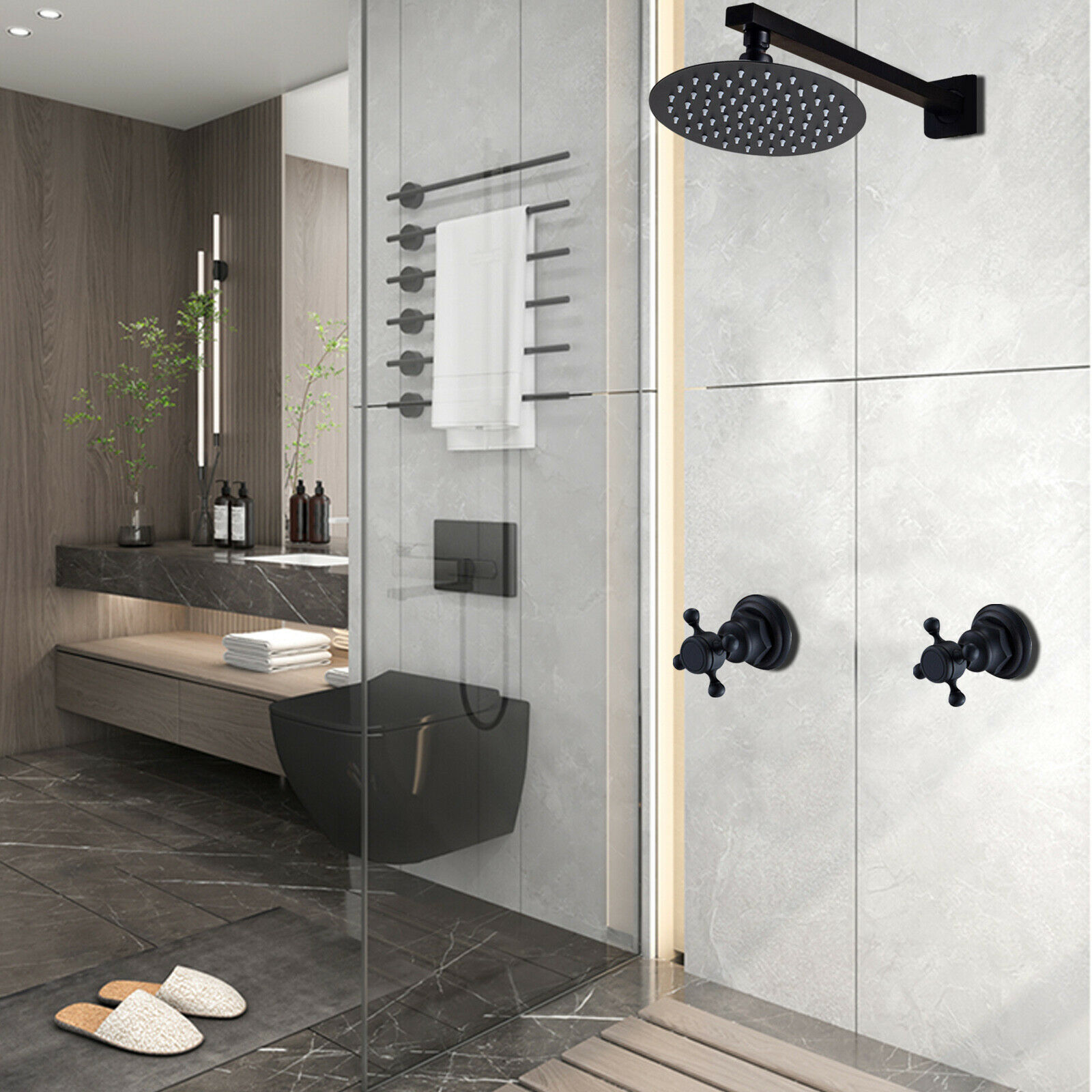 Black Shower Faucet Round Head Wall Mount 2-Handle Mixer Valve Tap Cold ...
