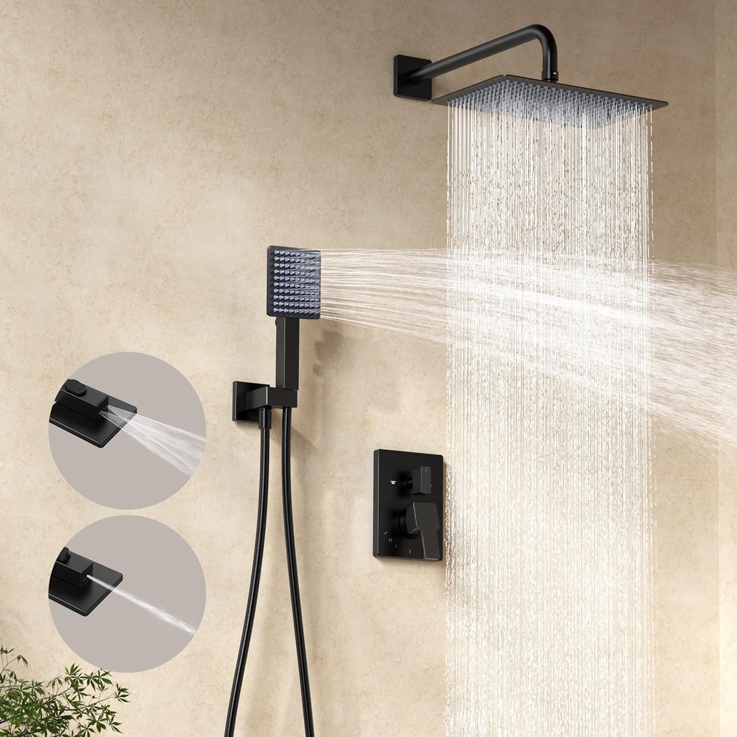 Black Shower Faucet Set with 12" Rectangle Rain Head, Shower Head ...