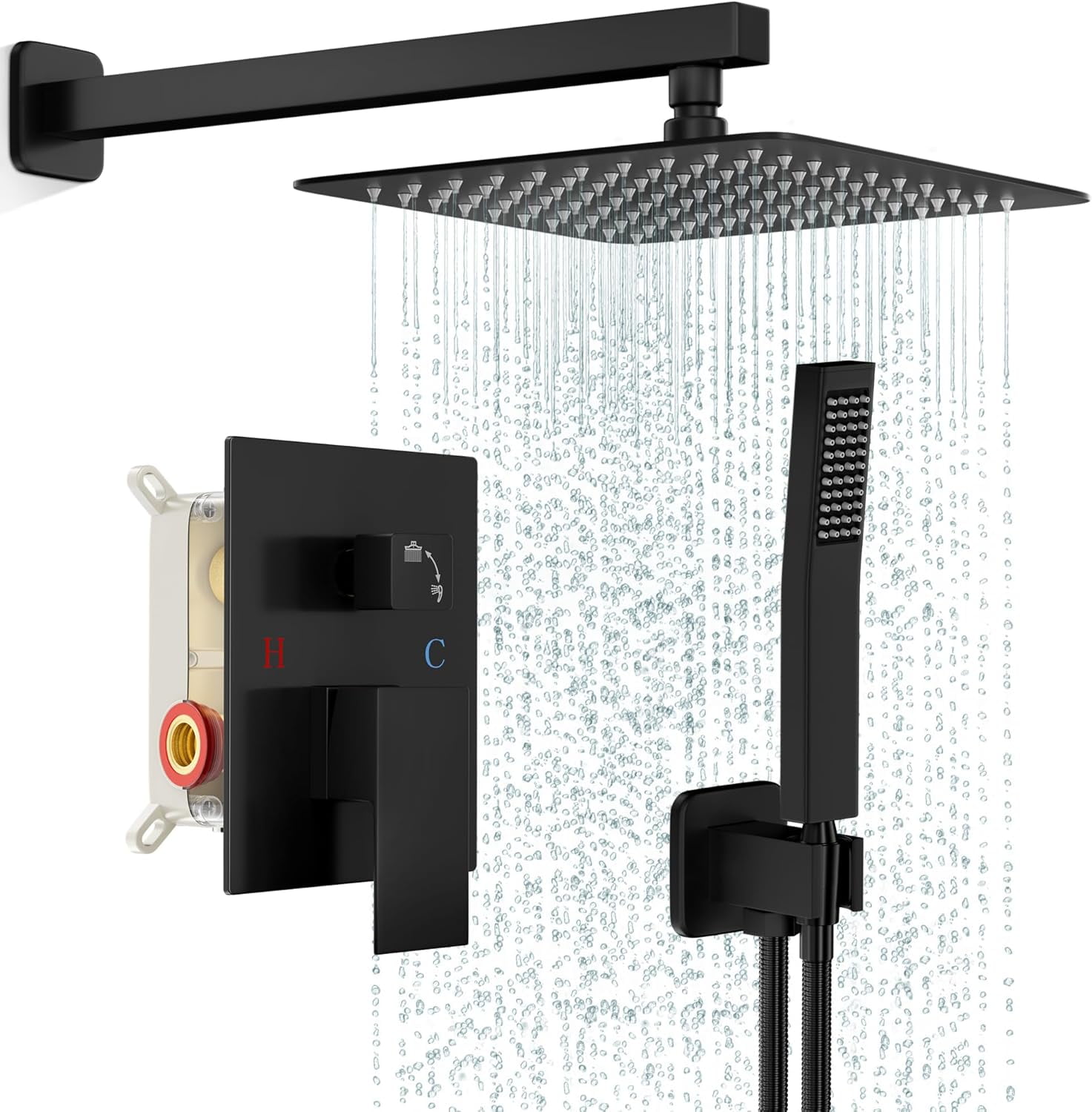 Black Shower Faucet Set, Rainfall Shower System with Rain Shower Head and Handle Set, Wall ...