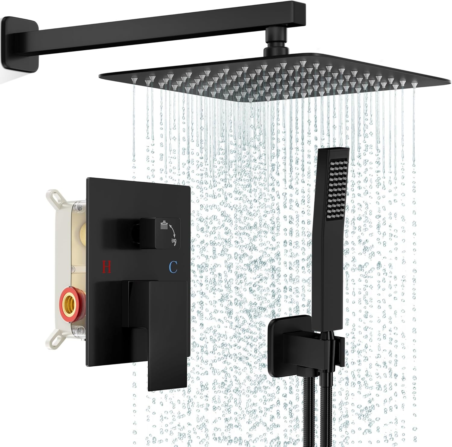 Black Shower Faucet Set, Rainfall Shower System with Square Shower Head ...