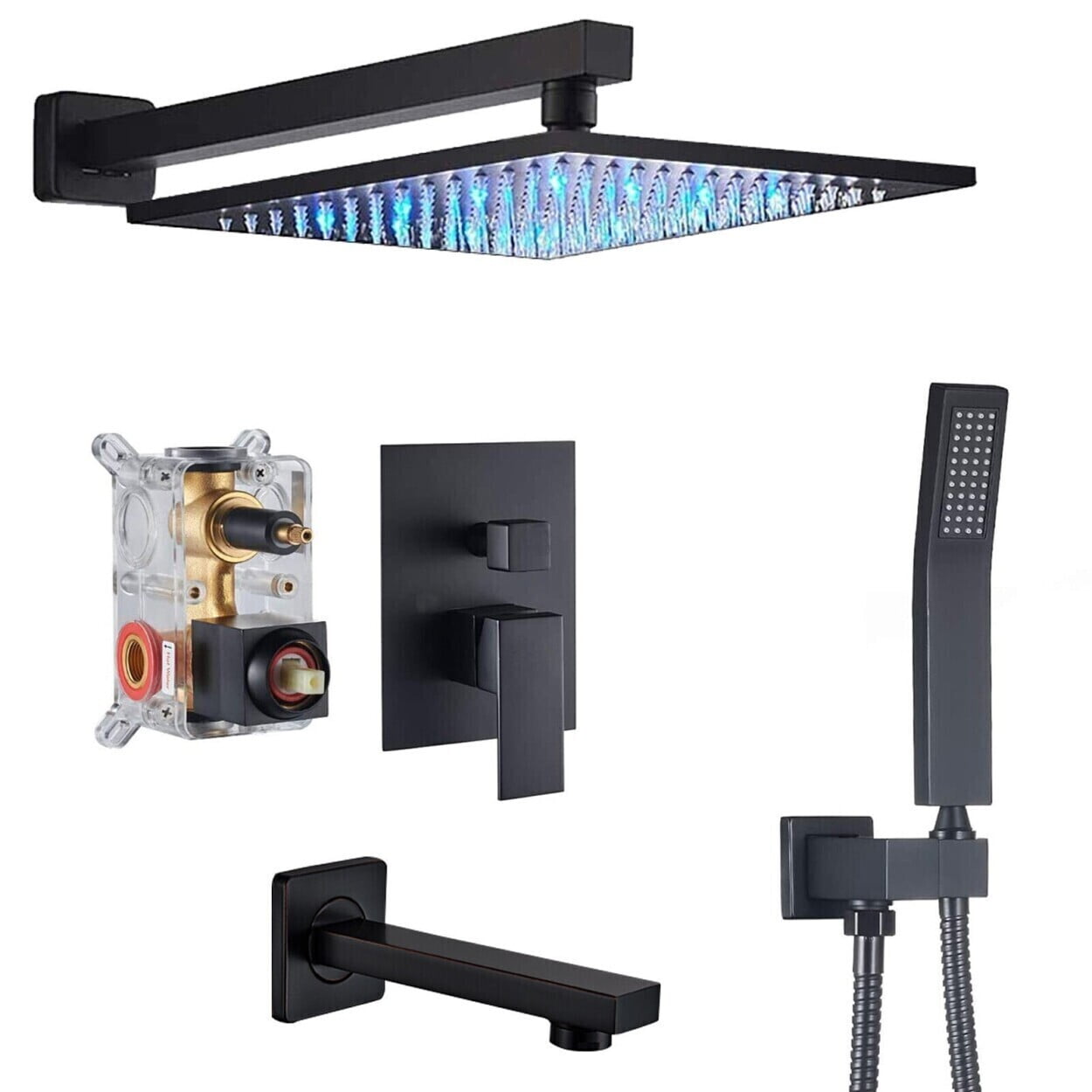 Black Shower Faucet Set w/ Rainfall Head Combo, Mixer Valve & Tub ...