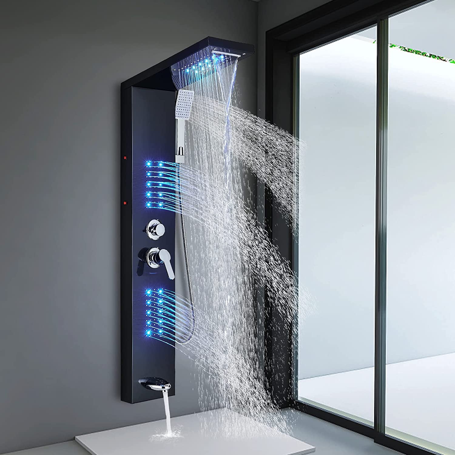 Black Shower Panel Column Tower LED Rainfall Twin Head Massage Body ...