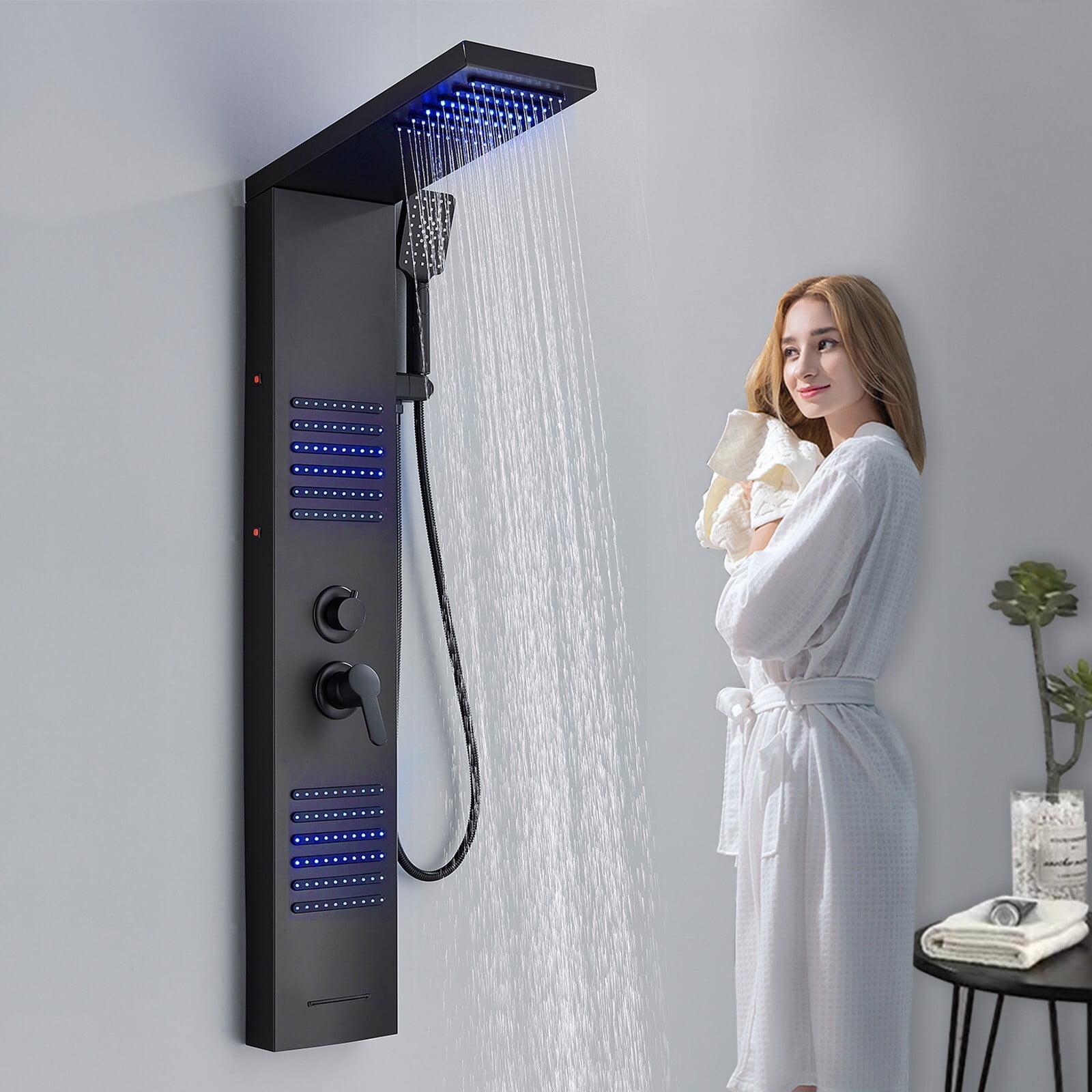 Black Shower Panel Tower System LED Rain Massage Shower Column ...