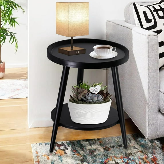 Black Side Table, Modern Side Table 2-Tier, Small Round End Table for ...