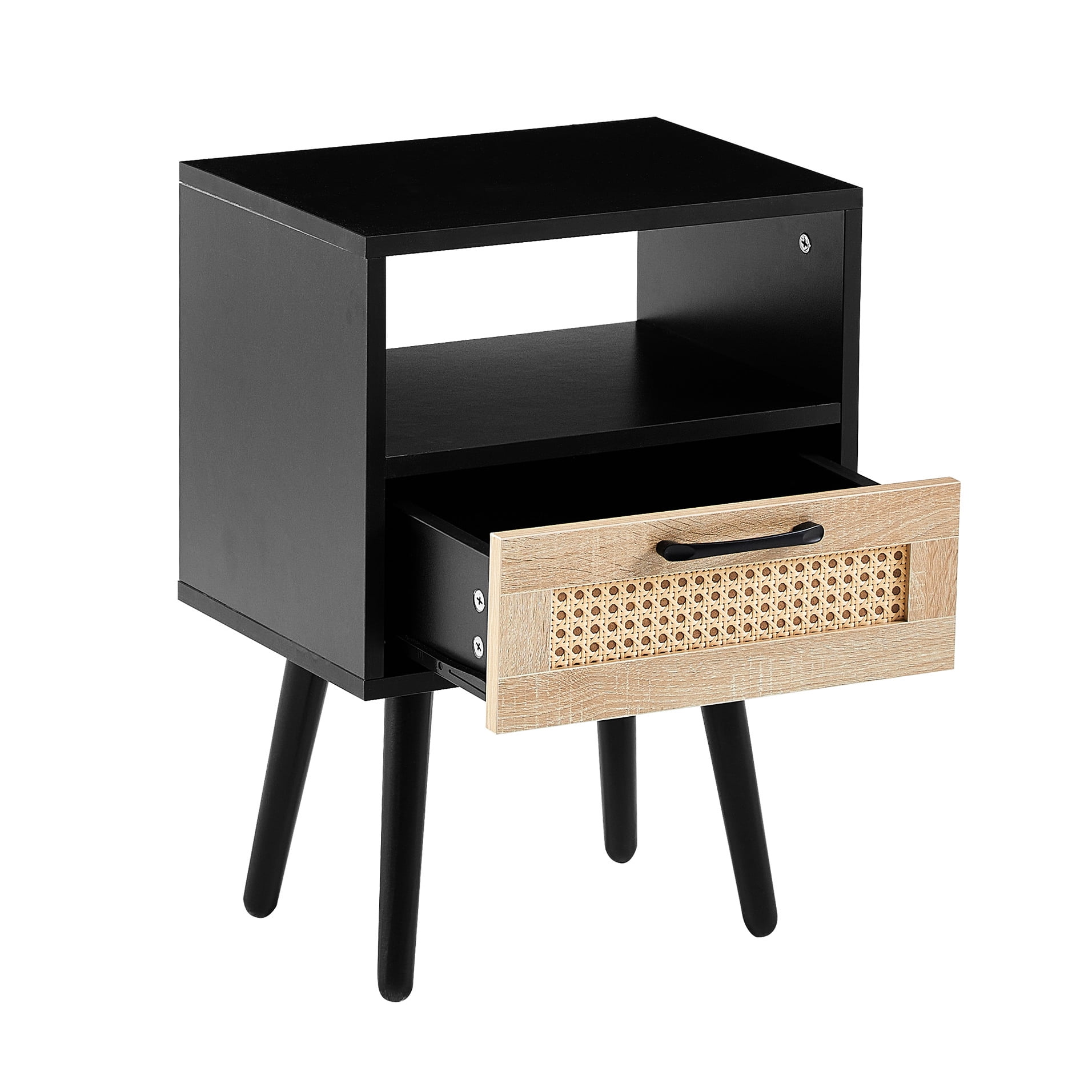 Black Side Table With Drawer And Solid Wood Legs, Modern For Living ...