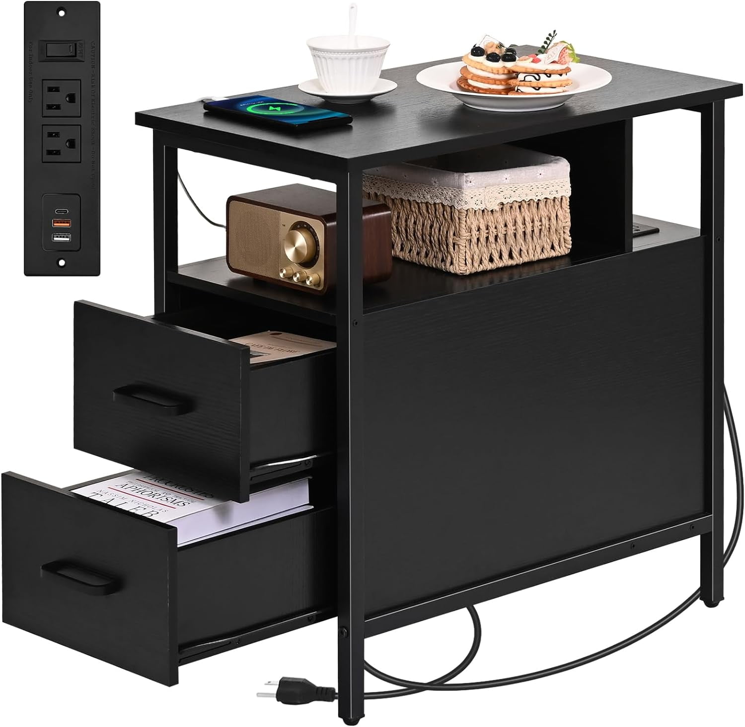 Black Side Tables, End Table with Charging Station, Narrow End Table ...